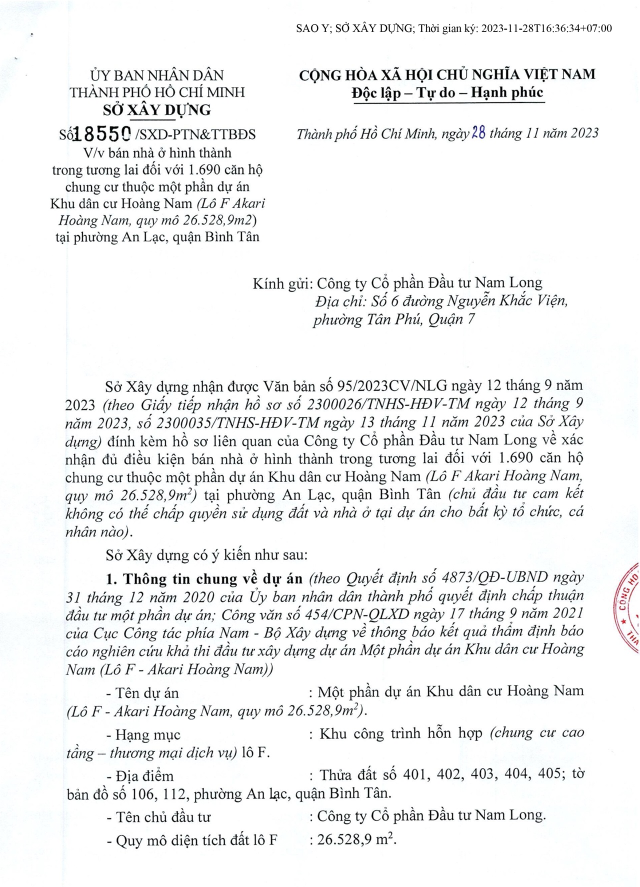 Công văn số 18550/SXD-PTN&TTBĐS ngày 28/11/2023 của Sở Xây Dựng về việc ...